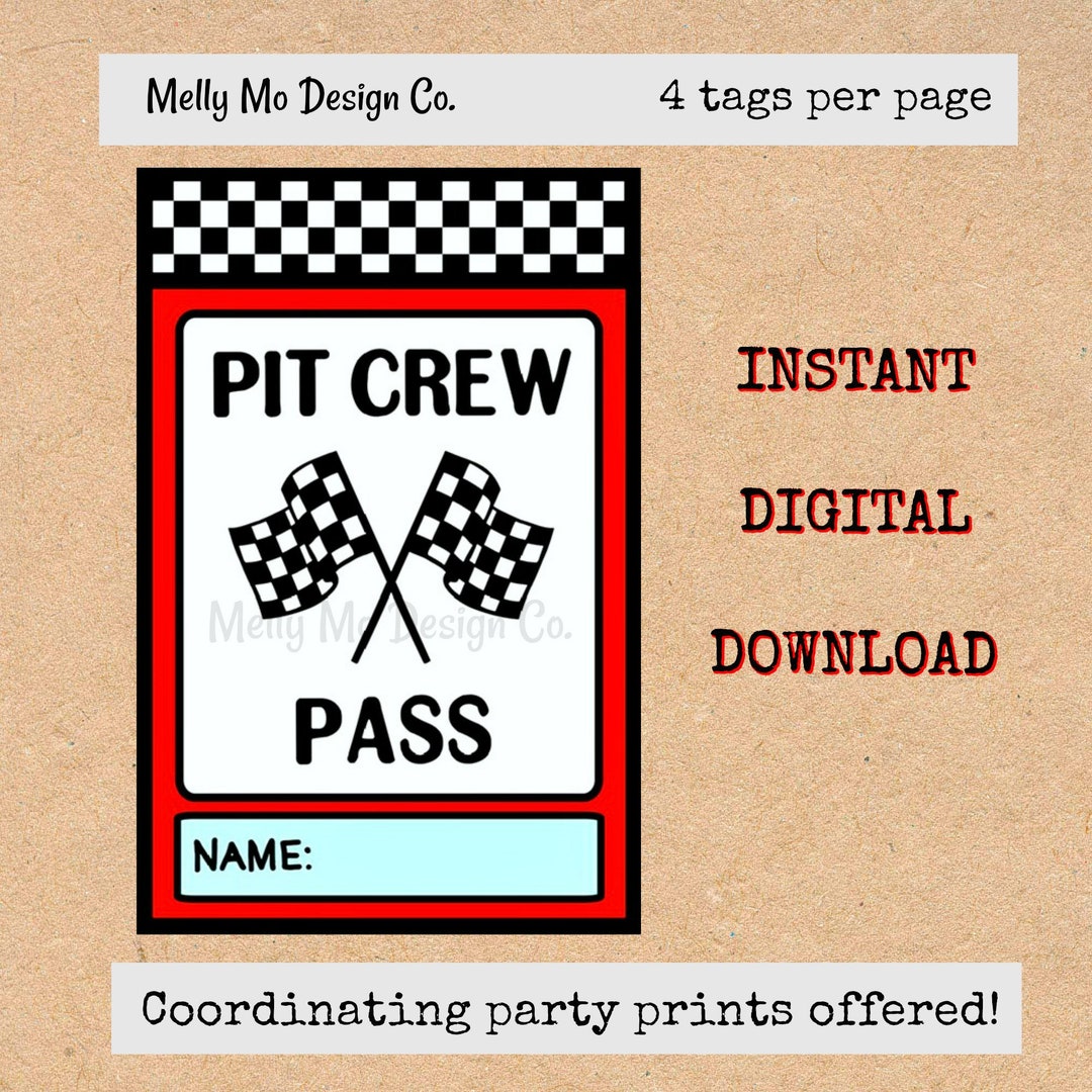 Pit Crew Passes - Race Car / Hot Wheel Birthday Party Digital Download ...