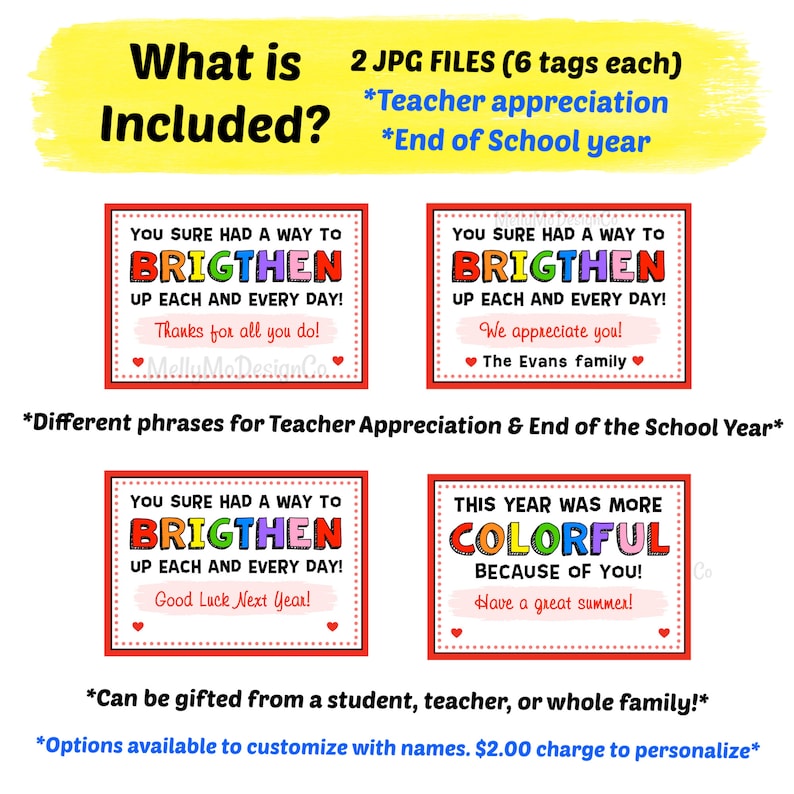 Teacher Appreciation Brighten Colorful Rainbow Tags (end of School Year ...