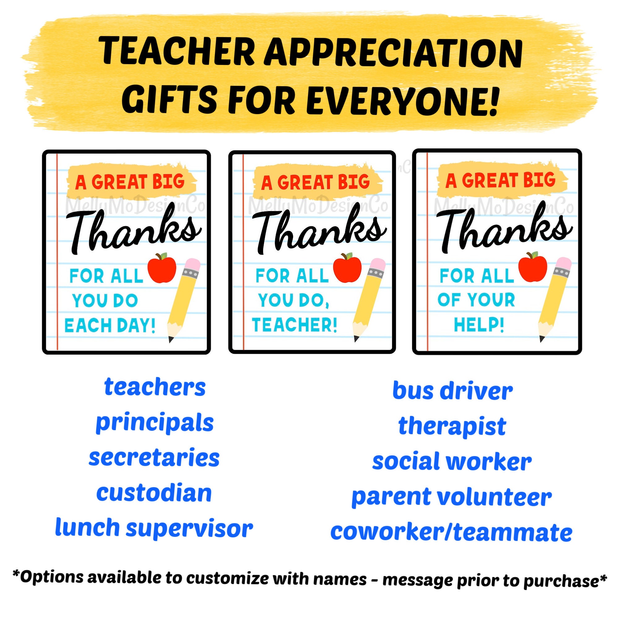 Teacher Appreciation Gift Tags: Printable Thank You Notes (digital ...