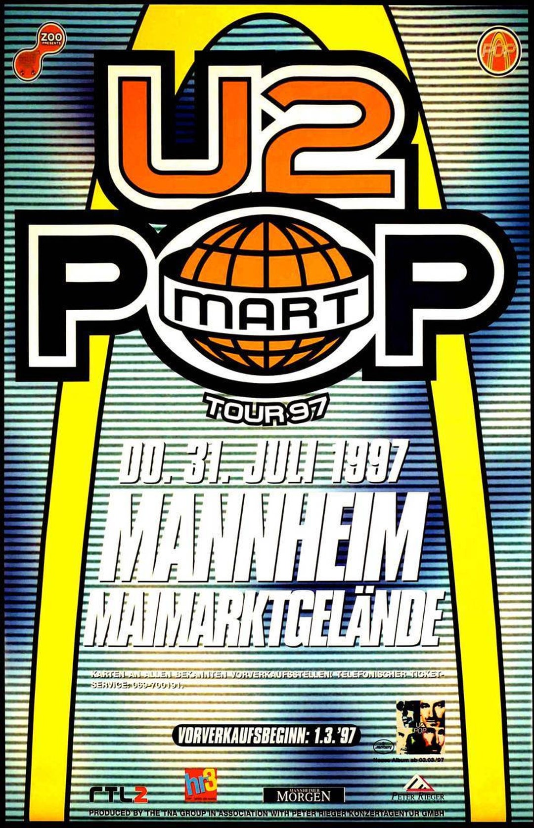 U2 Original 1997 Pop Mart Tour Poster Mannheim Germany Rare Bus Side 23 ...