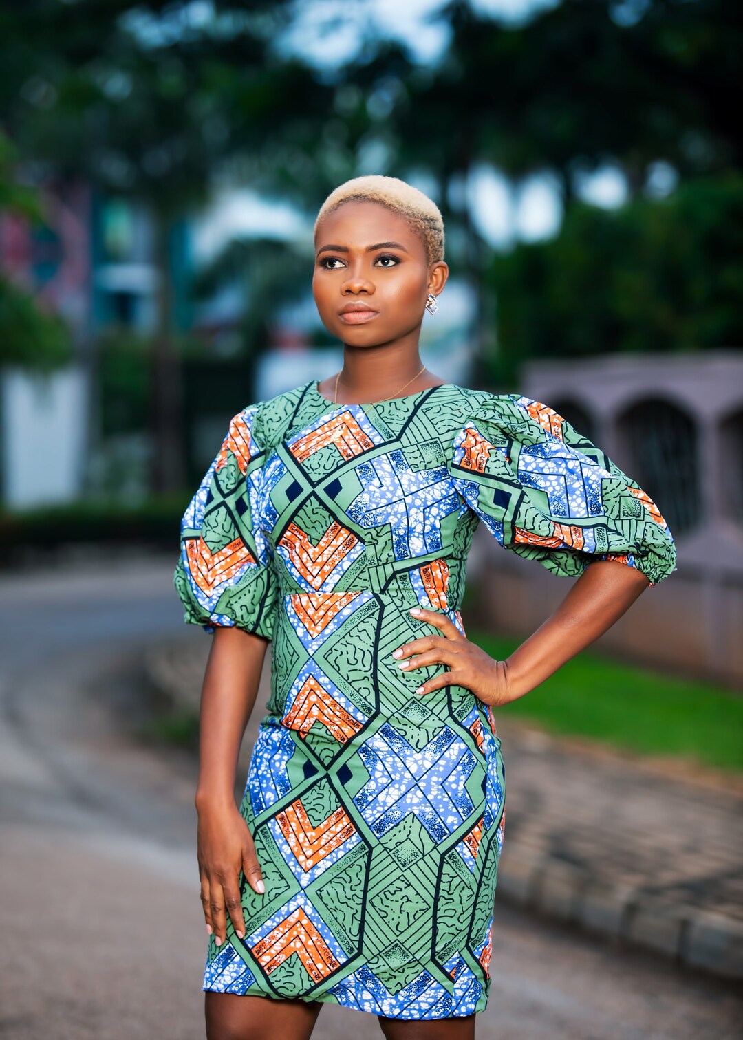 Greenish Blue Ankara Fabric Dress, Orange African Print Style, Midi ...