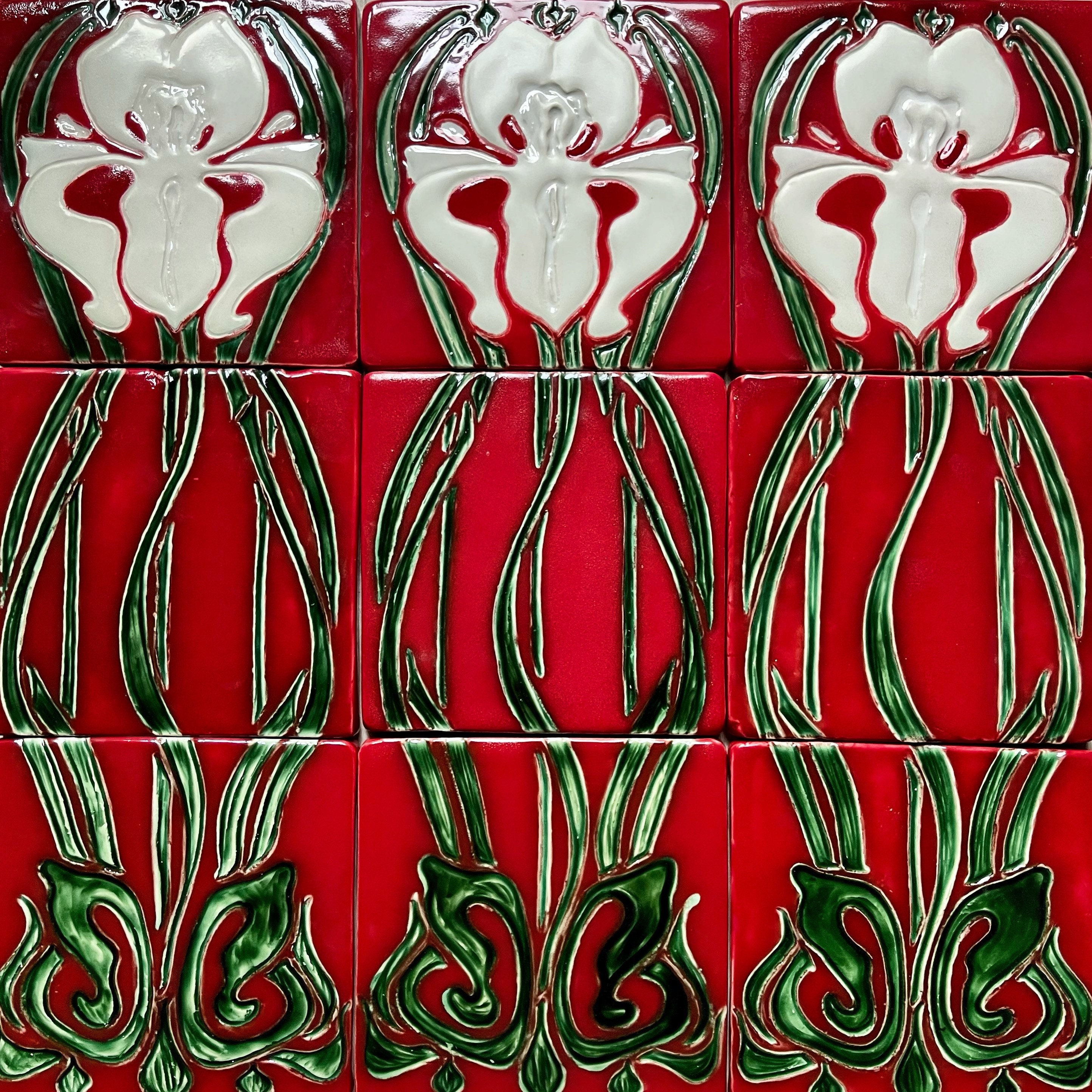 Art Nouveau Iris Ceramic Tile Triptych: Fireplace Tile (6x18) - Etsy