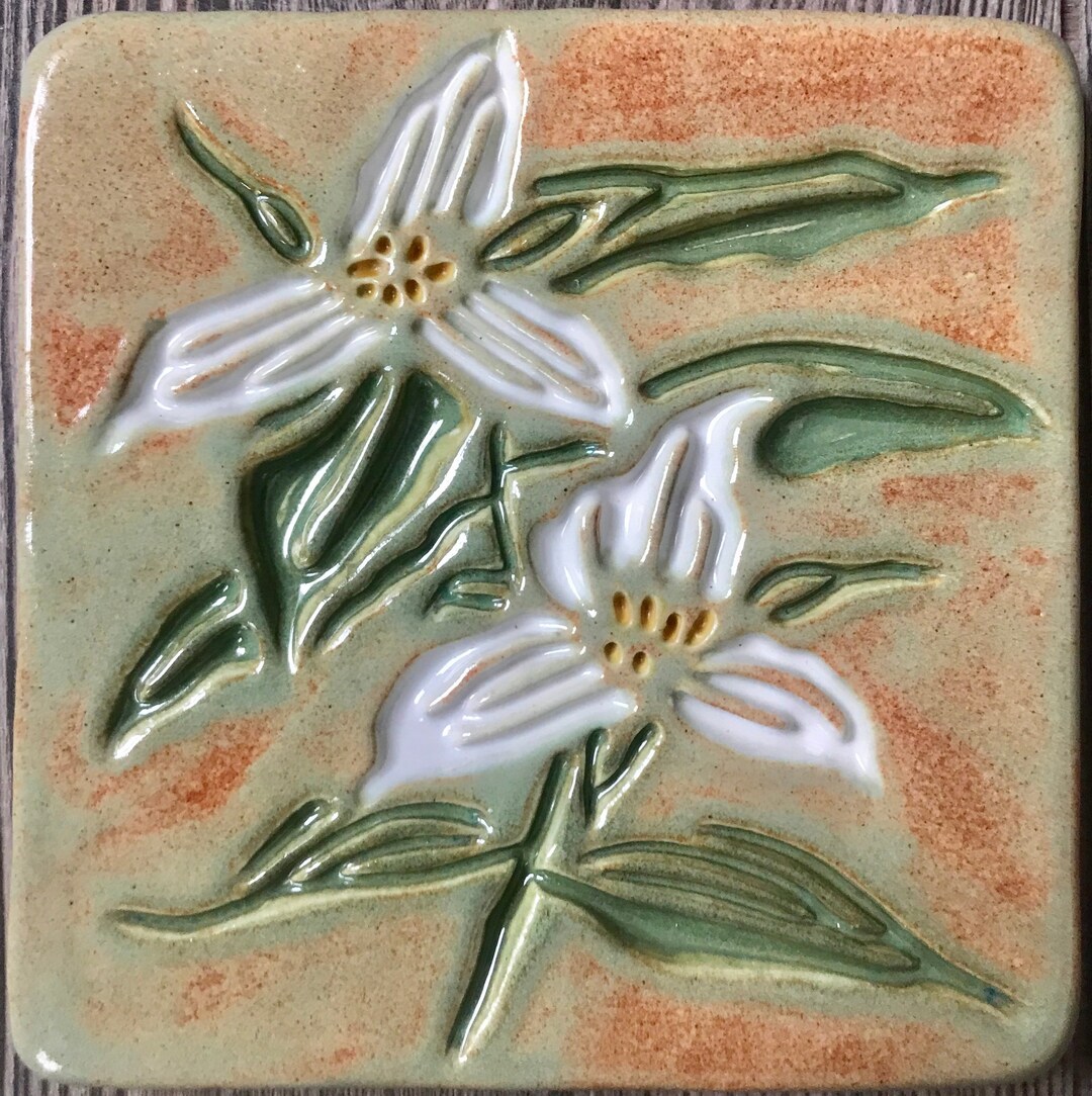 Ceramic 5x5 Trillium Wildflower Art Tile, Outdoor Art, Framed Ceramic ...