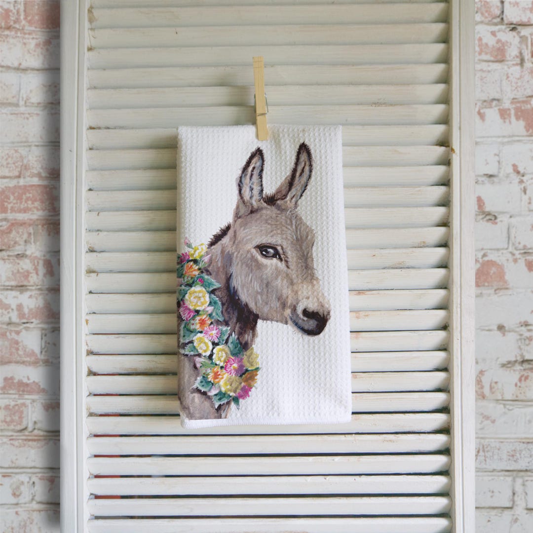 Farmhouse Donkey Tea Towel: Floral Watercolor Kitchen Decor - Etsy