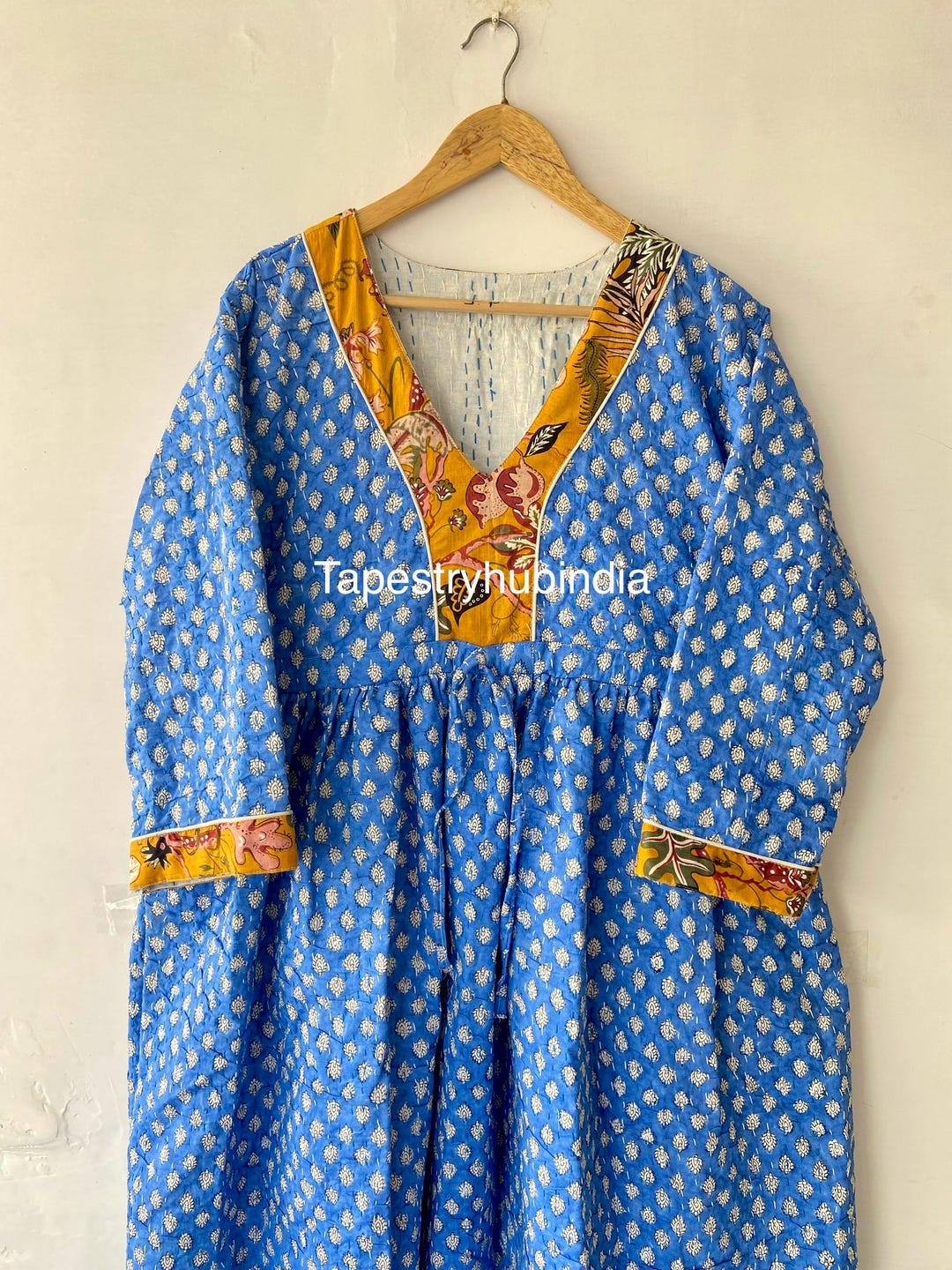 Kantha Work Blue Buty Dress, Handblock Print Dress, Patchwork Dress ...