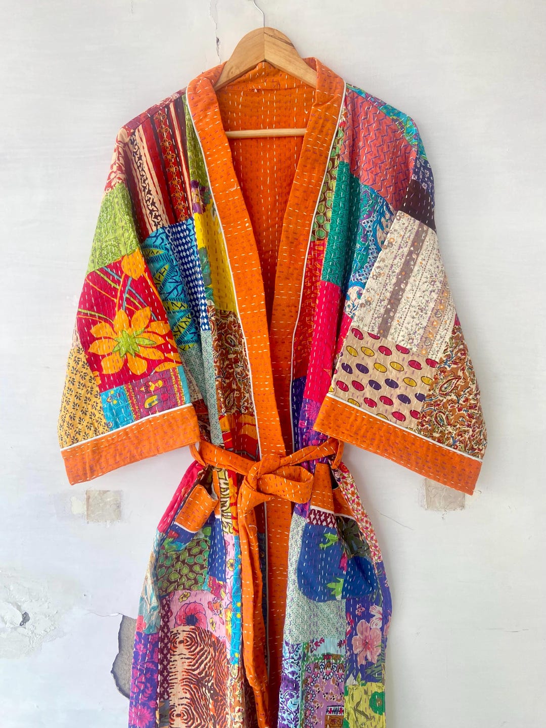 Kantha Quilt Work Kimono, Cotton Bathrobe, Dressing Gown, Indian Wood ...