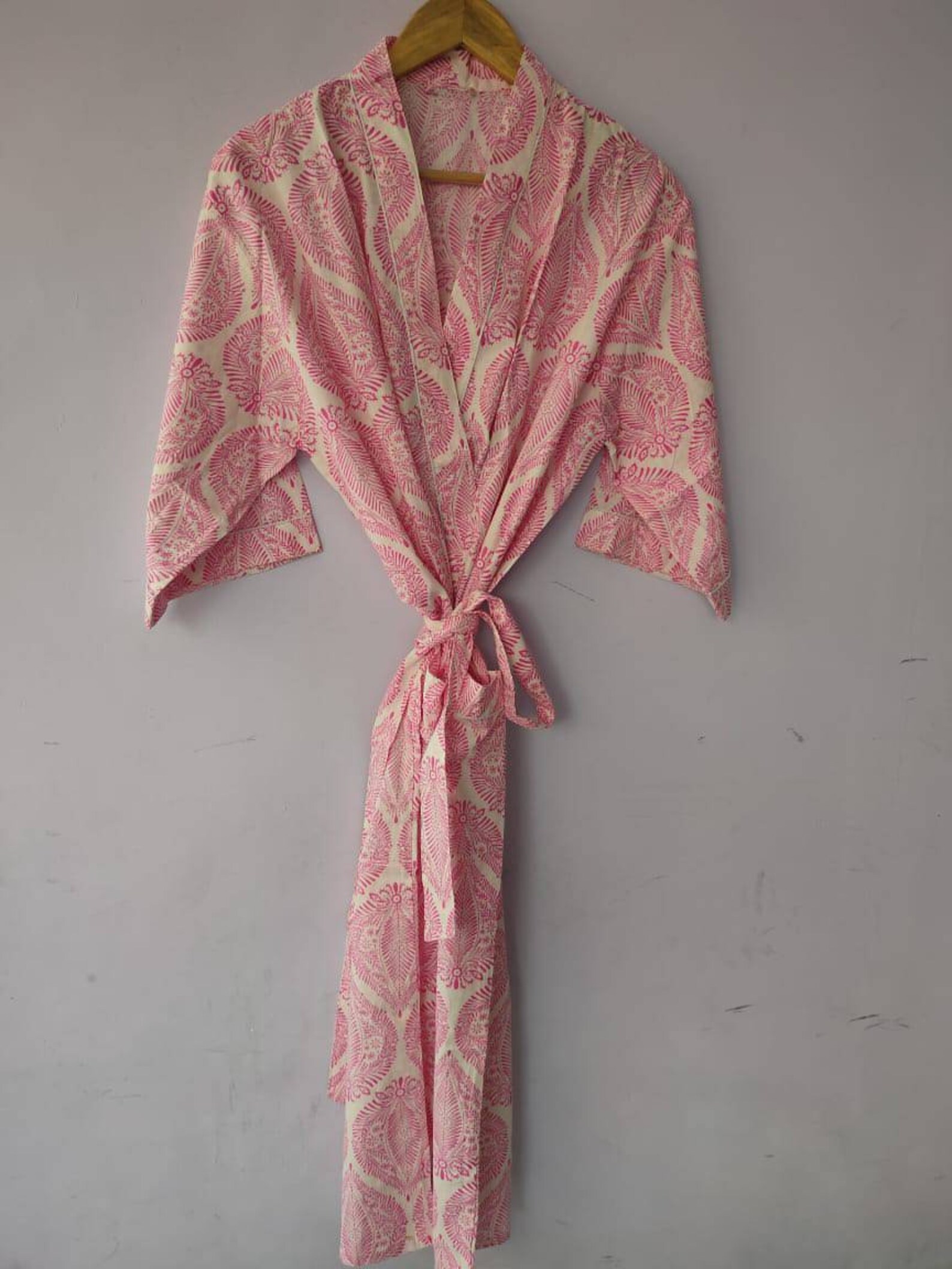 Kimono Robe Pink Color Dressing Gown Vintage Style Cotton | Etsy