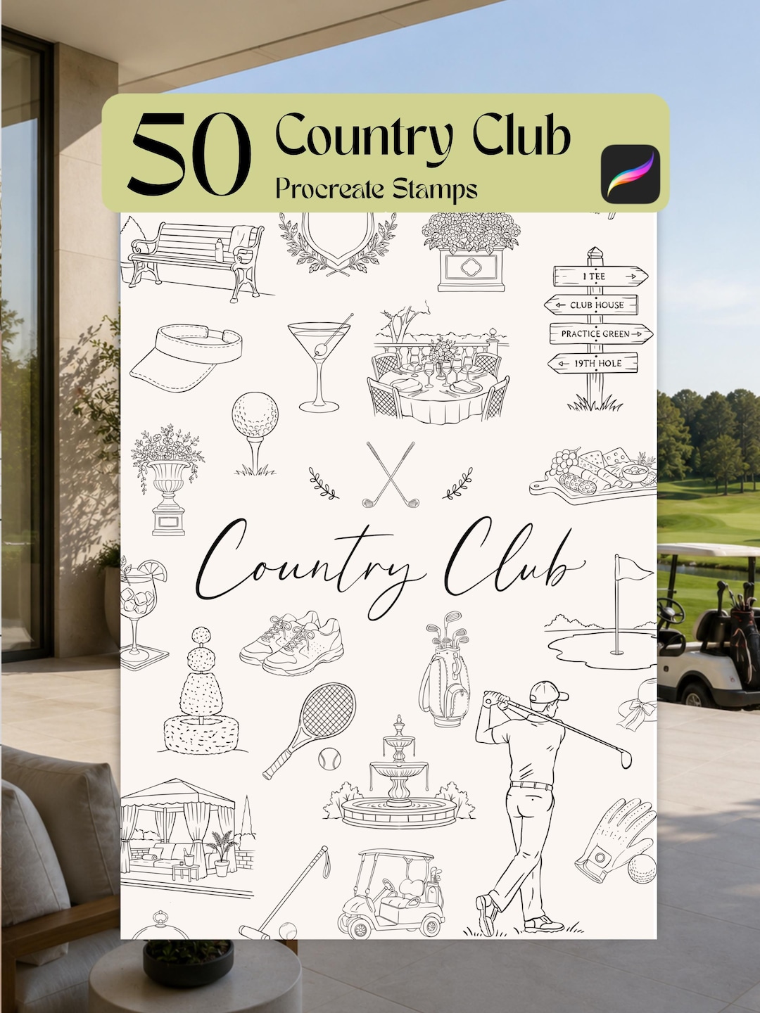 50 Country Club iPad Procreate Stamps, Hand Drawn Golf & Tennis Brushes ...