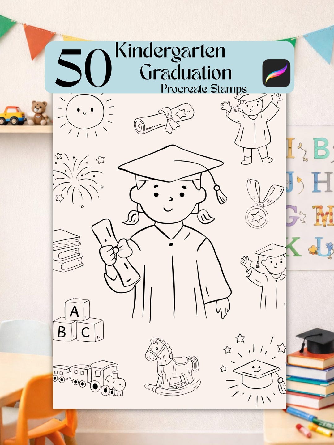 50 Kindergarten Graduation iPad Procreate Stamps, Hand Drawn Fine Line ...
