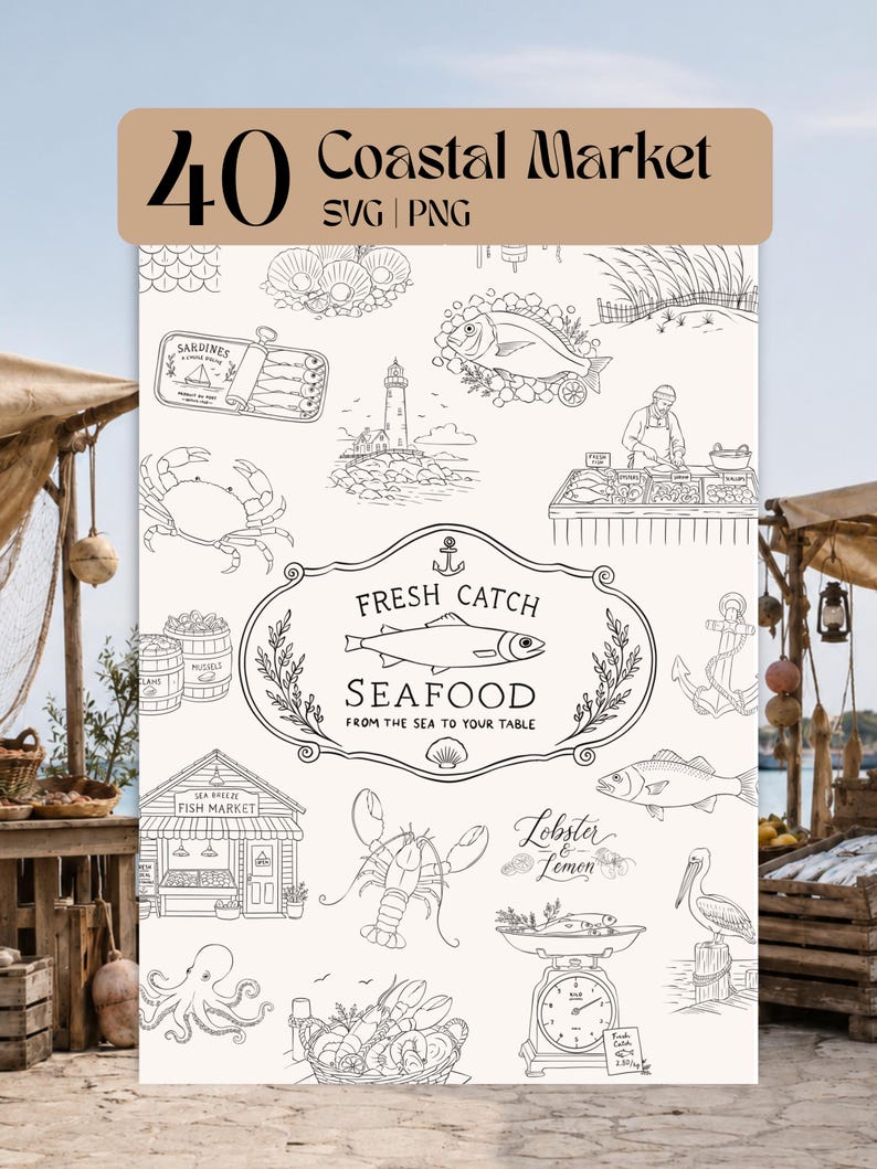 40 Coastal Market SVG & PNG Line Art Bundle, Seafood Clipart Elements ...