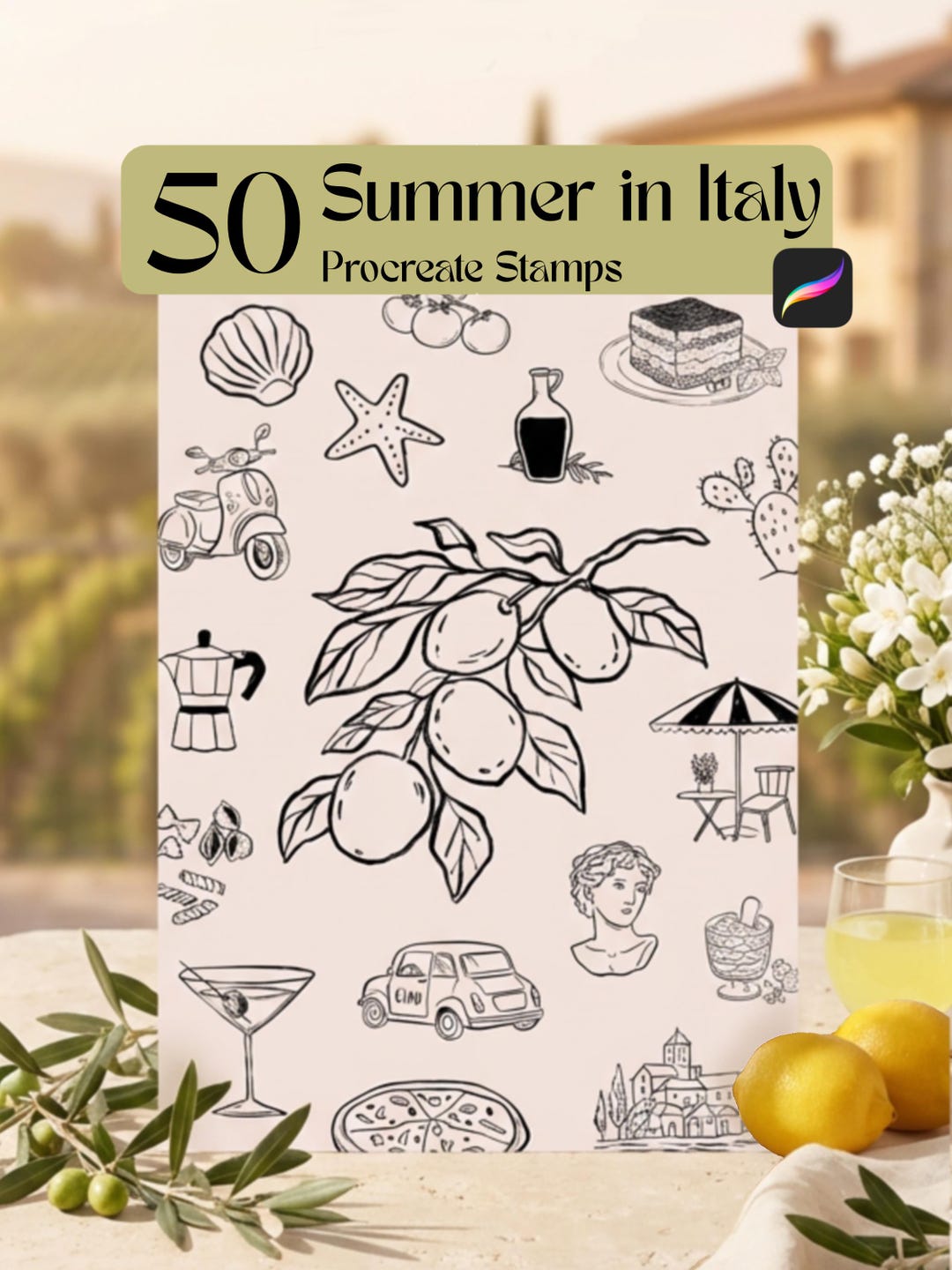 50 Summer in Italy iPad Procreate Stamps, Tuscany Sicily Line Art ...