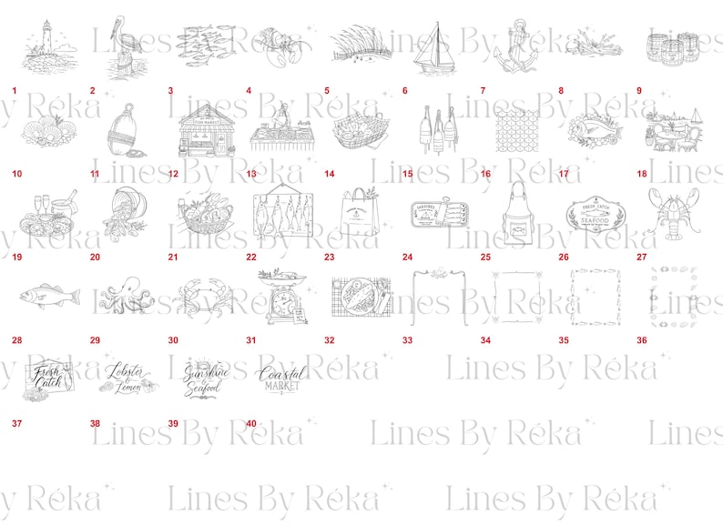 40 Coastal Market SVG & PNG Line Art Bundle, Seafood Clipart Elements ...