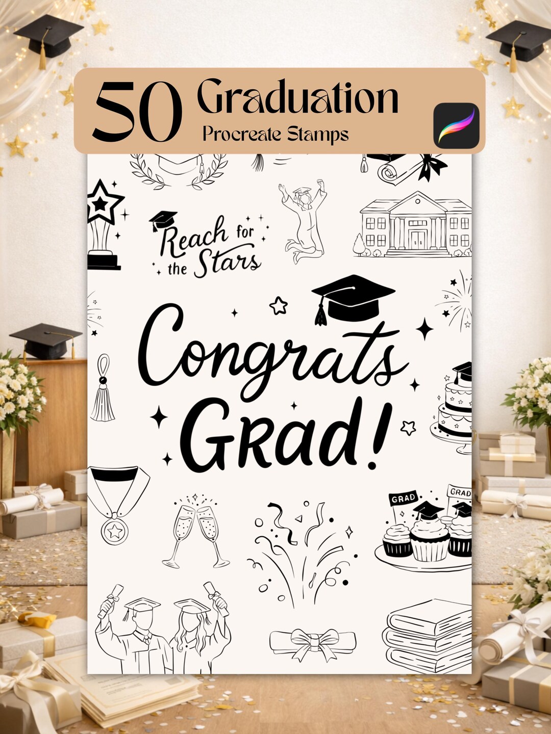 50 Graduation Procreate Stamps, Hand Drawn Fine Line Clipart Brushes ...