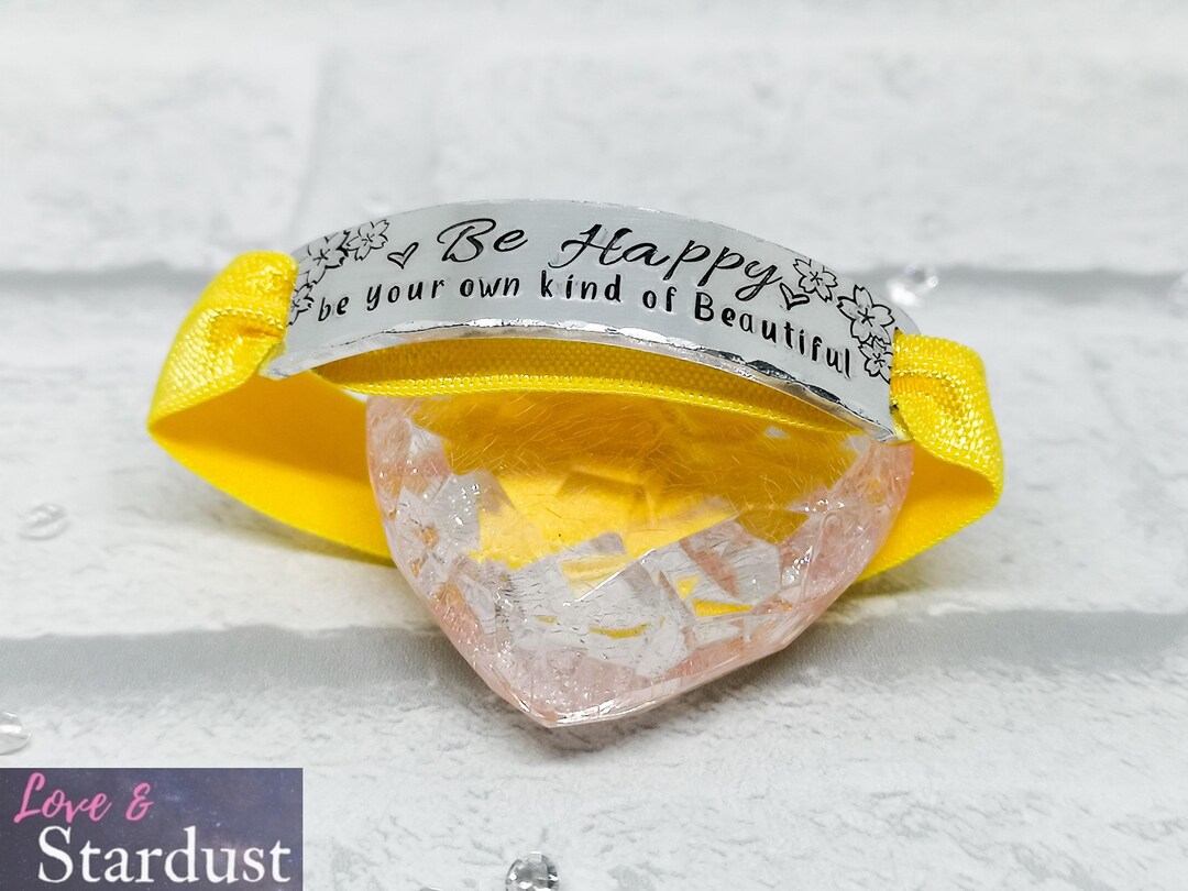 BE HAPPY Affirmation Bracelet Satin Band Hand Stamped Gift Love Heart ...
