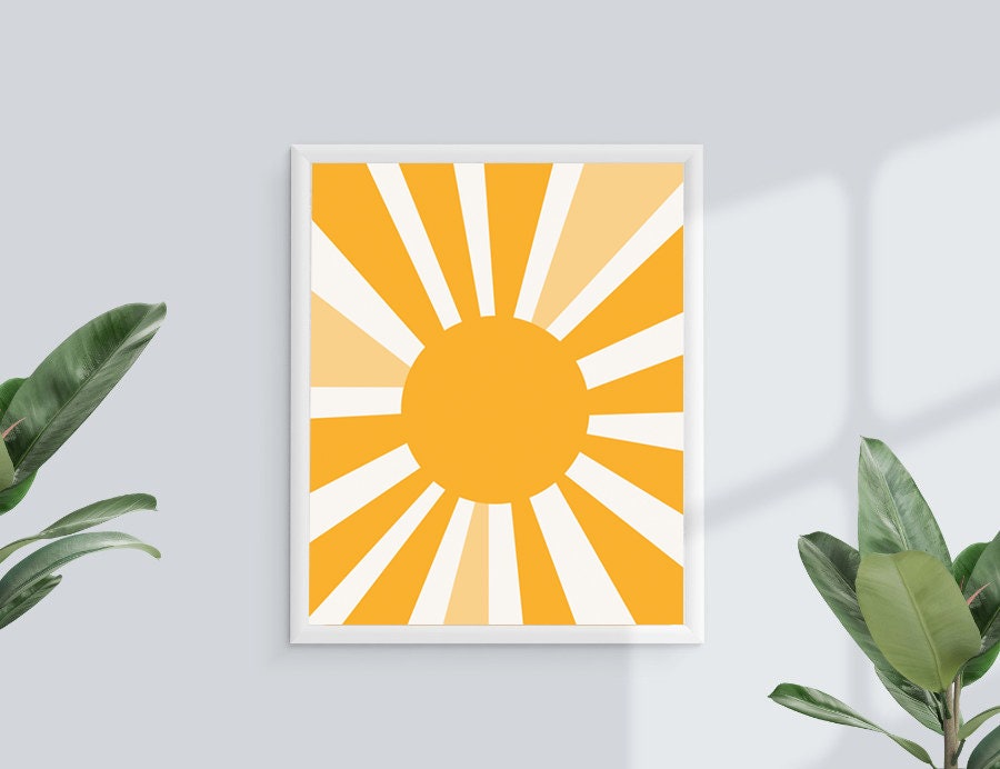 70s Yellow Sun Print Poster Dorm decor Sunburst Wall Art Boho | Etsy