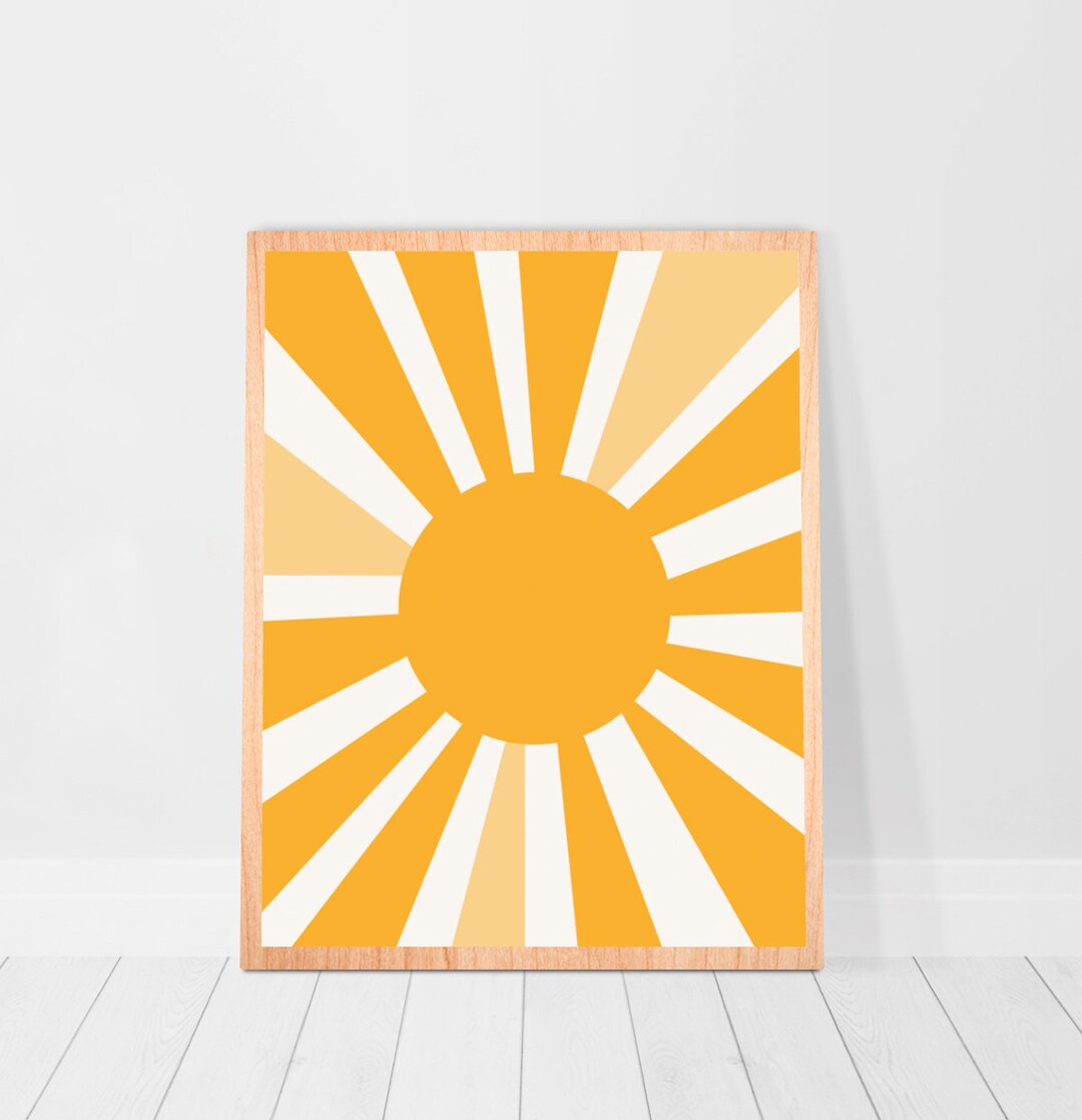 70s Yellow Sun Print Poster Dorm Decor Sunburst Wall Art Boho Retro Sun ...