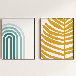 Teal Abstract Wall Art Set Mustard Yellow Decor Geometric Prints Print ...