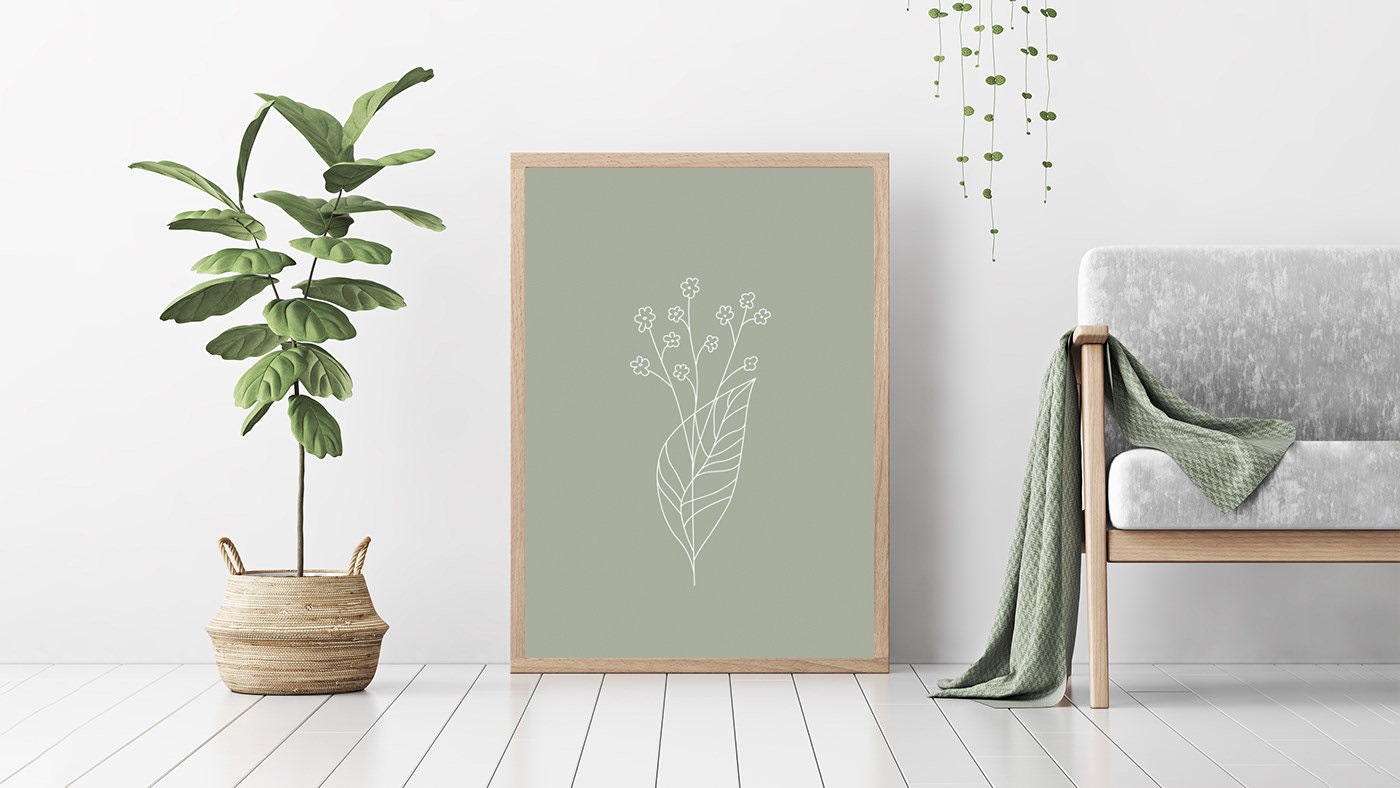 Sage Green Print Botanical Line Art Poster Herb Wall Art Mid | Etsy