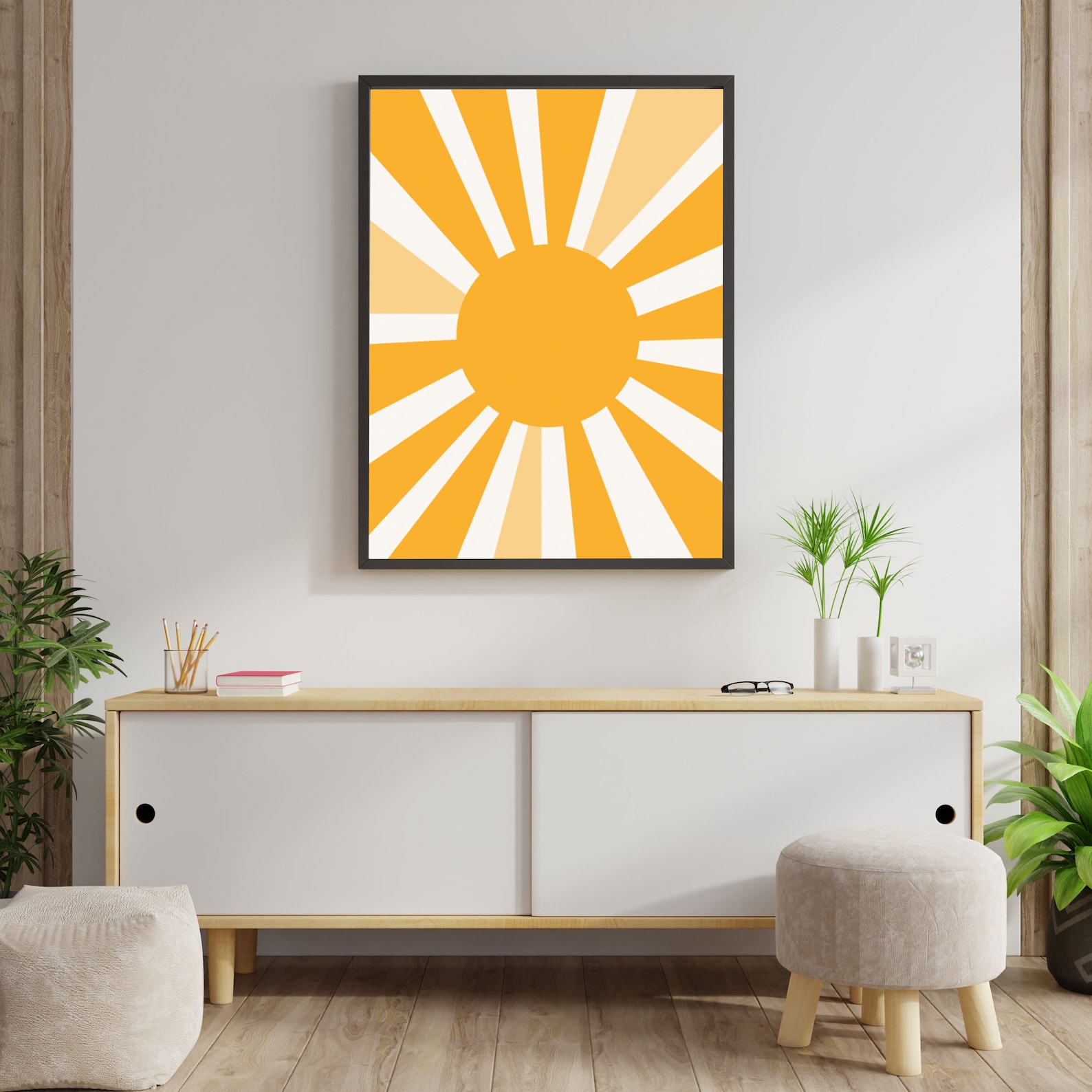 70s Yellow Sun Print Poster Dorm decor Sunburst Wall Art Boho | Etsy