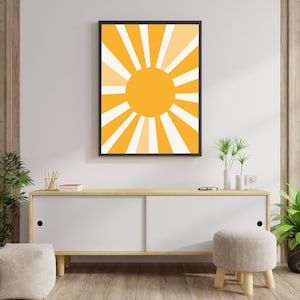 70s Yellow Sun Print Poster Dorm Decor Sunburst Wall Art Boho Retro Sun ...