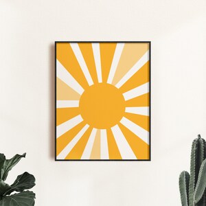 70s Yellow Sun Print Poster Dorm Decor Sunburst Wall Art Boho Retro Sun ...