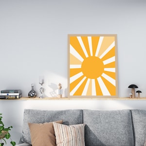 70s Yellow Sun Print Poster Dorm Decor Sunburst Wall Art Boho Retro Sun ...