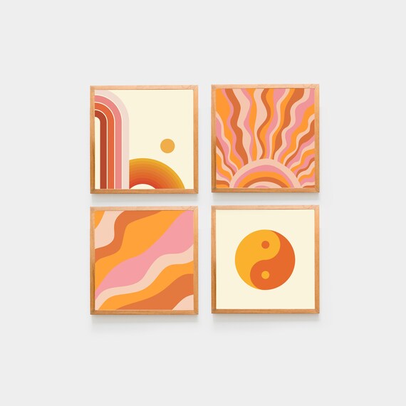 Preppy Room Decor Dorm Square Print Set of 4 Y2k Decor 70s Sun - Etsy