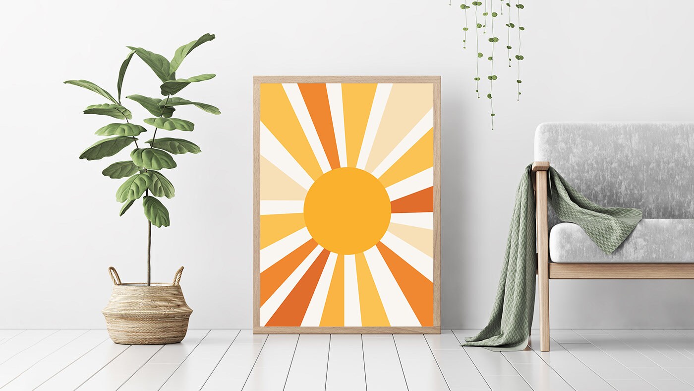 Yellow sun print Dorm decor Retro Sun Poster Boho Sun Nursery | Etsy