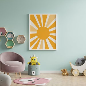 70s Yellow Sun Print Poster Dorm Decor Sunburst Wall Art Boho Retro Sun ...