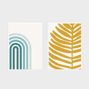 Teal Abstract Wall Art Set Mustard Yellow Decor Geometric Prints Print ...