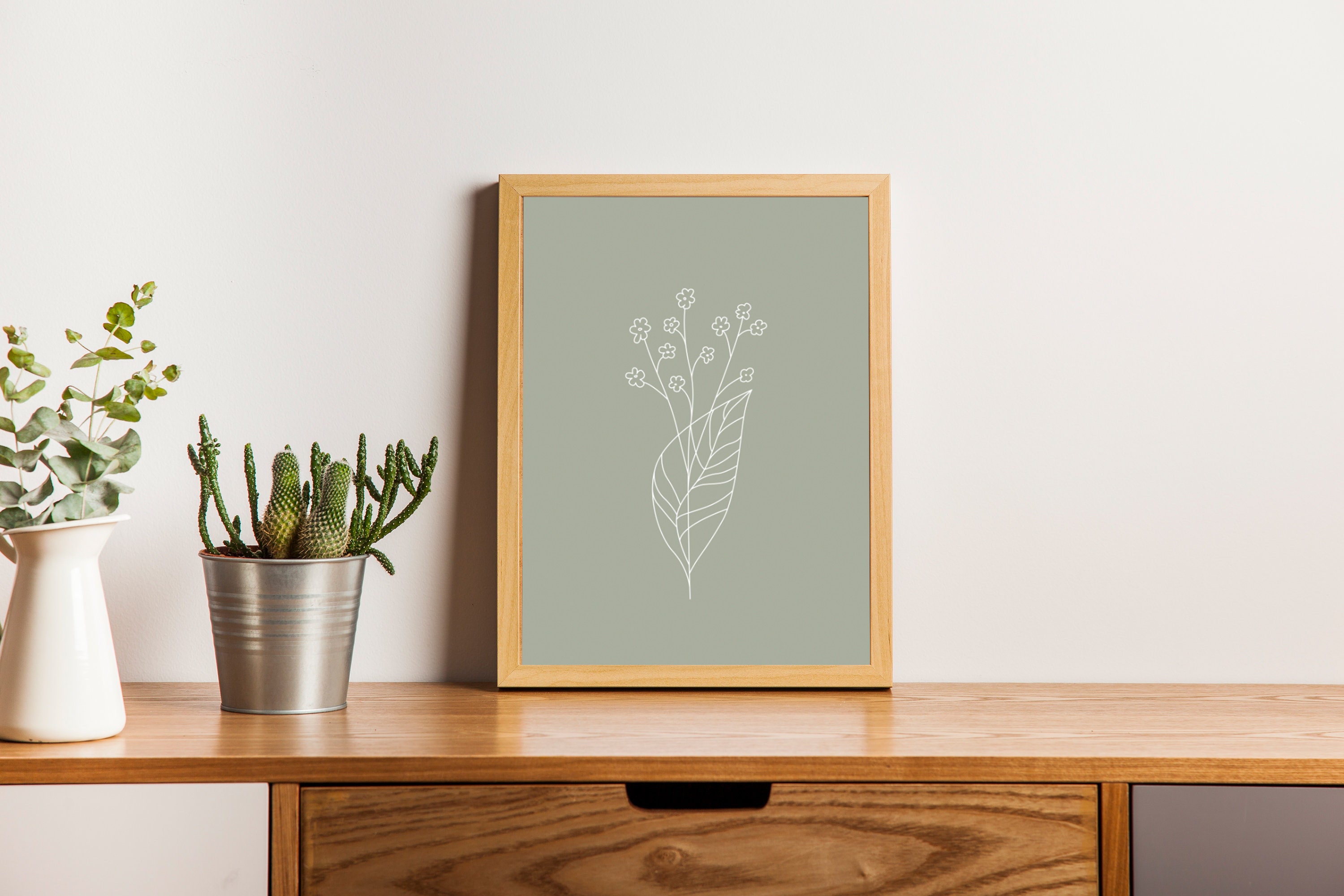 Sage Green Print Botanical Line Art Poster Herb Wall Art Mid | Etsy