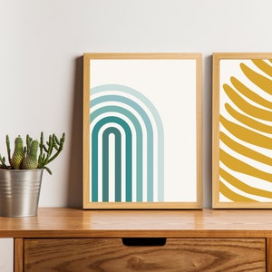 Teal Abstract Wall Art Set Mustard Yellow Decor Geometric Prints Print ...