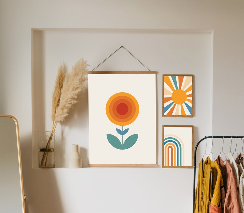 70s poster Retro Wall Art set of 4 Prints Bursting Sun Rays | Etsy