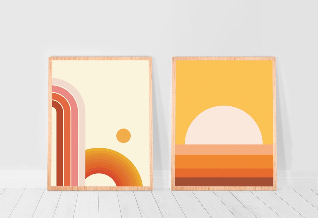 Retro Wall Art Set of 2 Rainbow Geometric Art Print Indie Room Decor ...