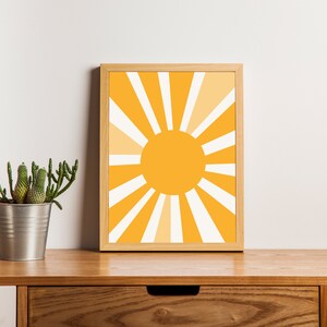 70s Yellow Sun Print Poster Dorm Decor Sunburst Wall Art Boho Retro Sun ...