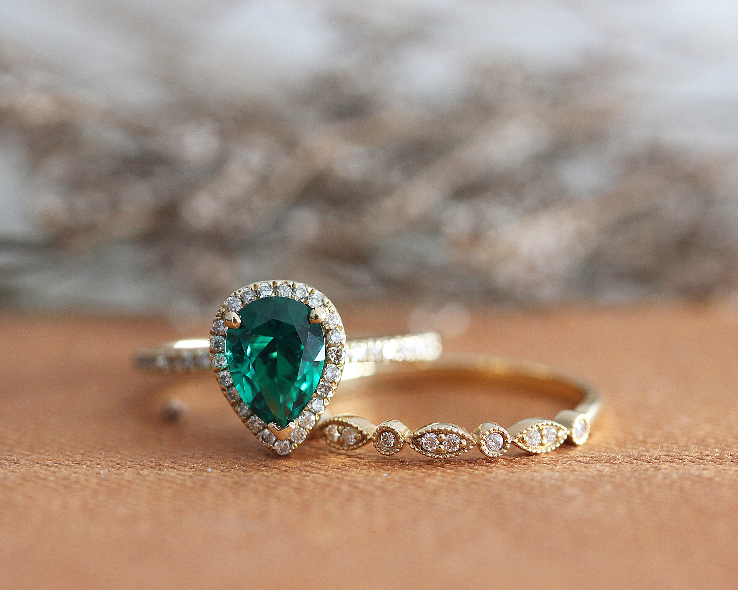Lab Created Emerald Ring Set 68mm Pear Cut Engagement Ring - Etsy
