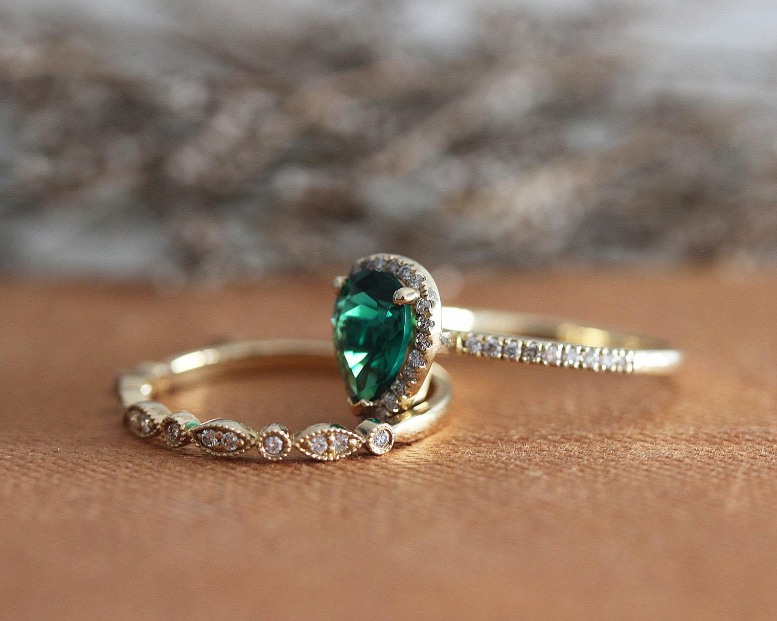 Lab Created Emerald Ring Set 68mm Pear Cut Engagement Ring - Etsy