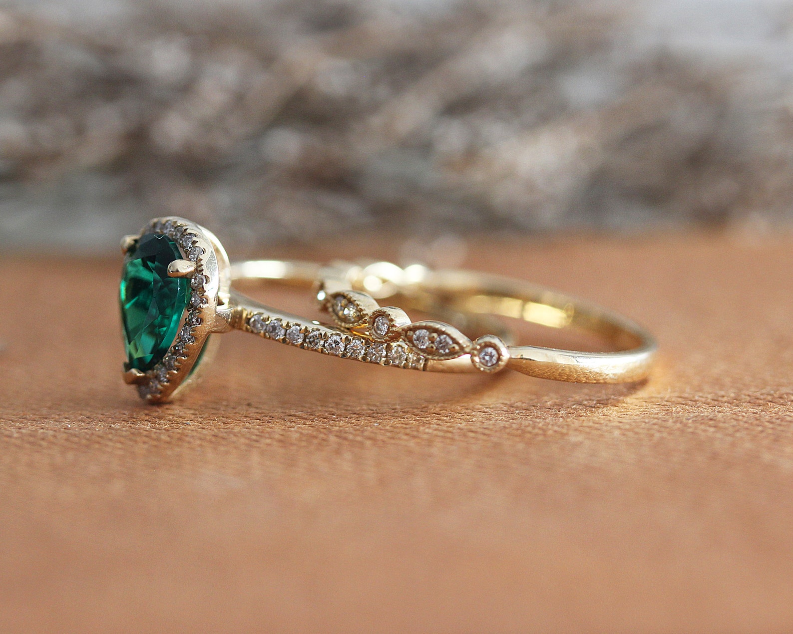 Lab Created Emerald Ring Set 68mm Pear Cut Engagement Ring - Etsy