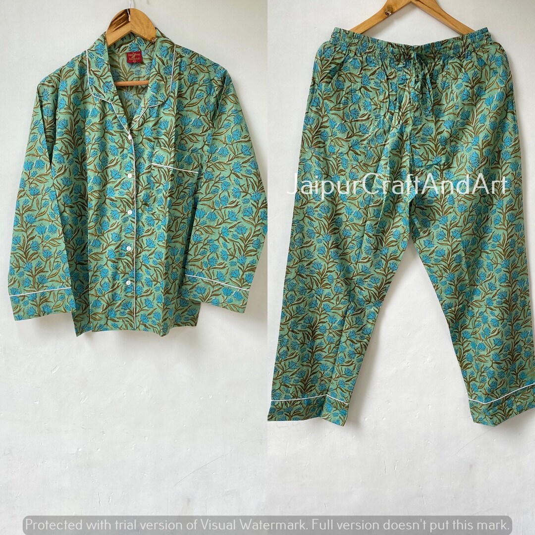 100% Cotton Pajama Set, Hand Block Print Cotton PJ Set, Indian Pyjamas ...