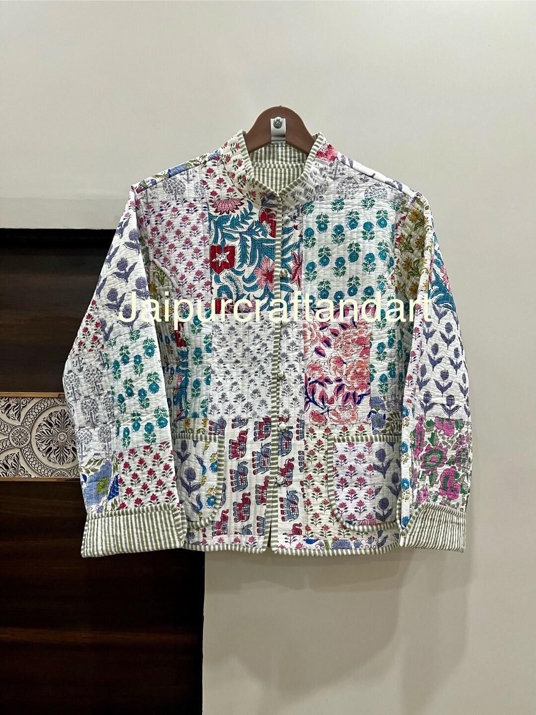Patchwork Quilted Jacket White Cotton Floral Bohemian Style Fall Winter ...
