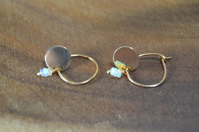 Dainty Welo Opal Disk Hoops in 14k Gold // Genuine Ethiopian - Etsy