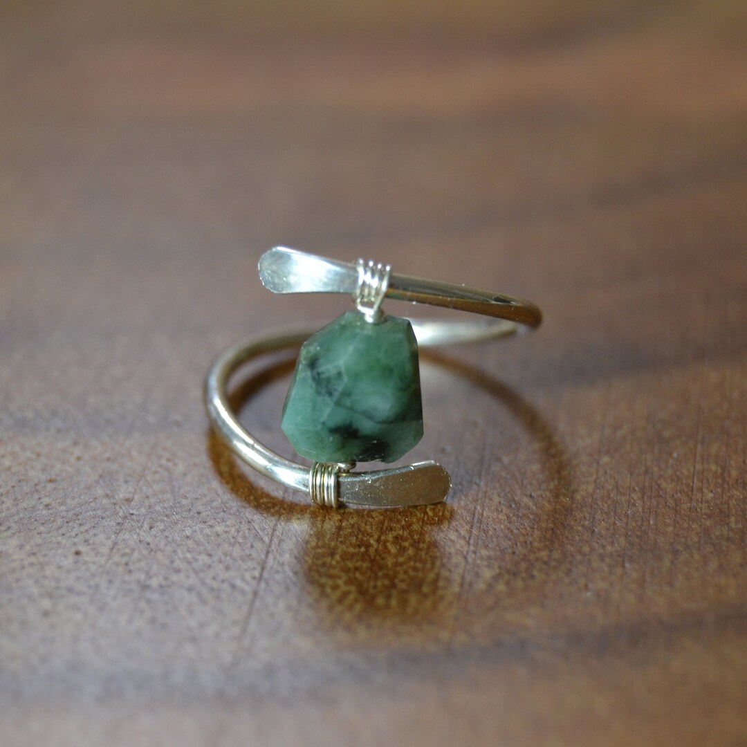 Raw Emerald Ring in Sterling Silver, 14k Gold // Wire Wrapped Gemstone ...