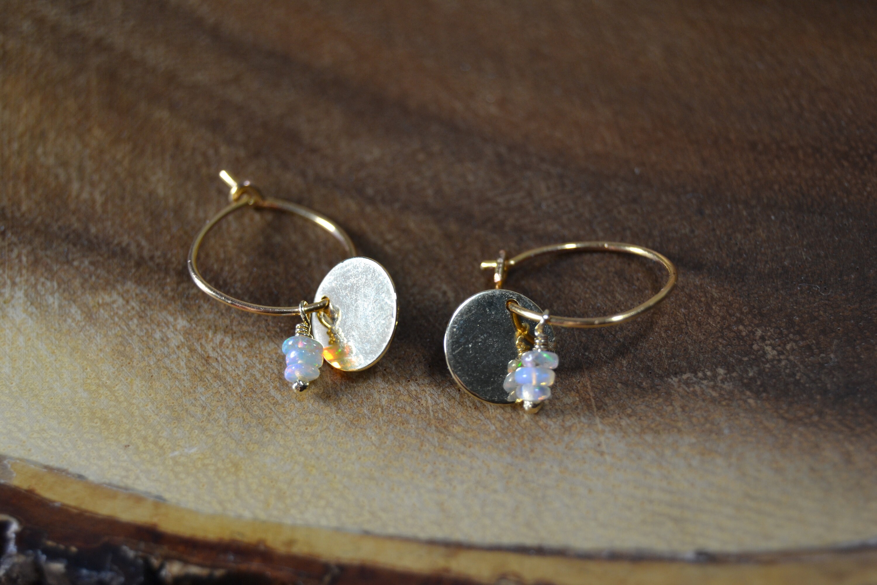 Dainty Welo Opal Disk Hoops in 14k Gold // Genuine Ethiopian - Etsy