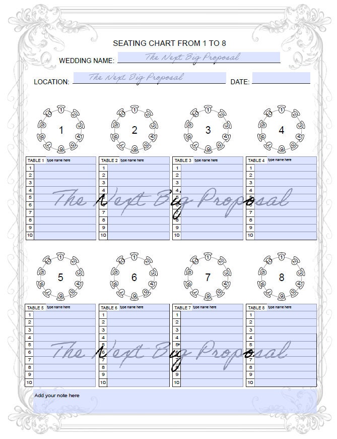 Editable Wedding Table Seating for 48 People (numbered Tables 1-8, 6 ...