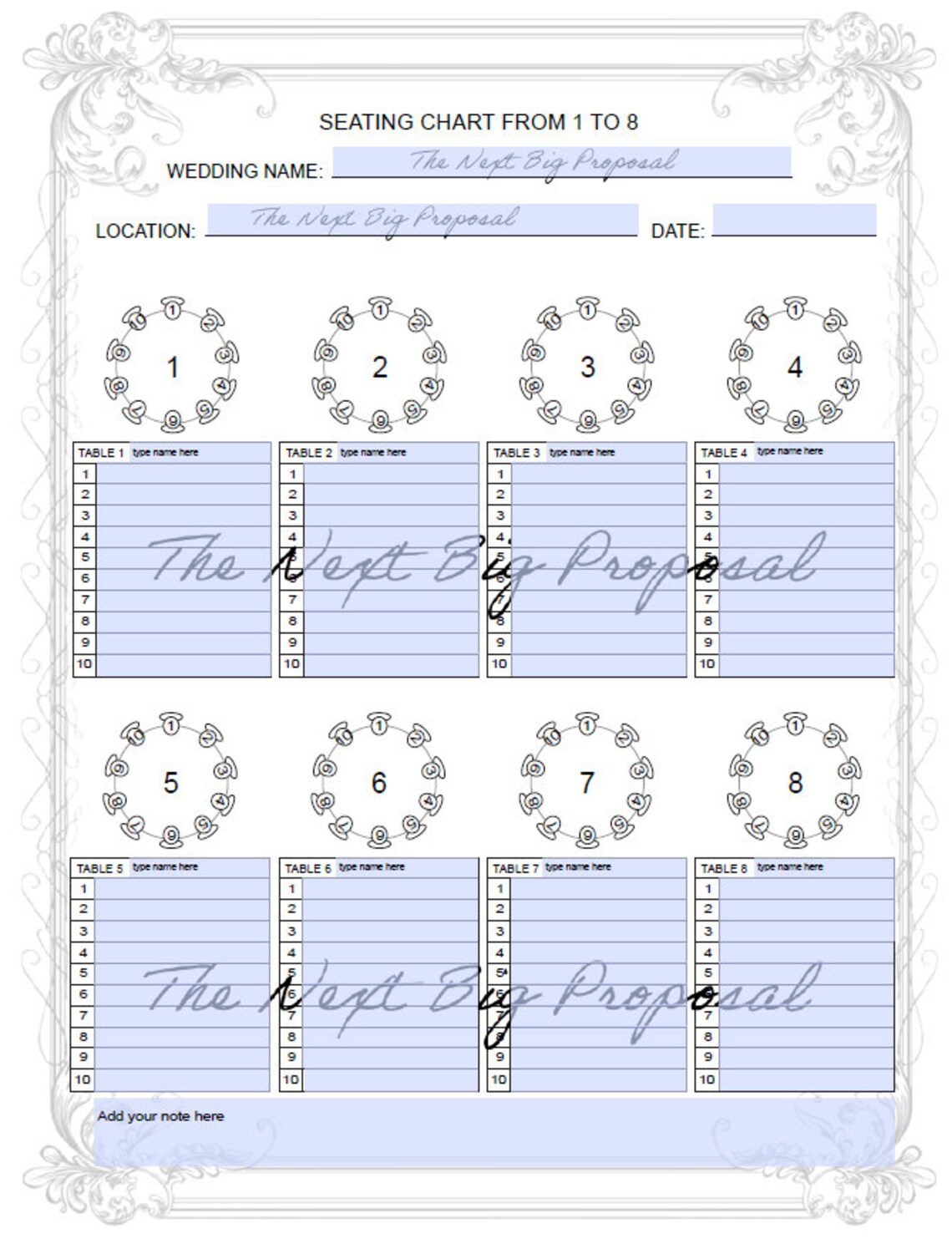 Editable Wedding Table Seating- Larger Weddings (numbered From Table 1 ...