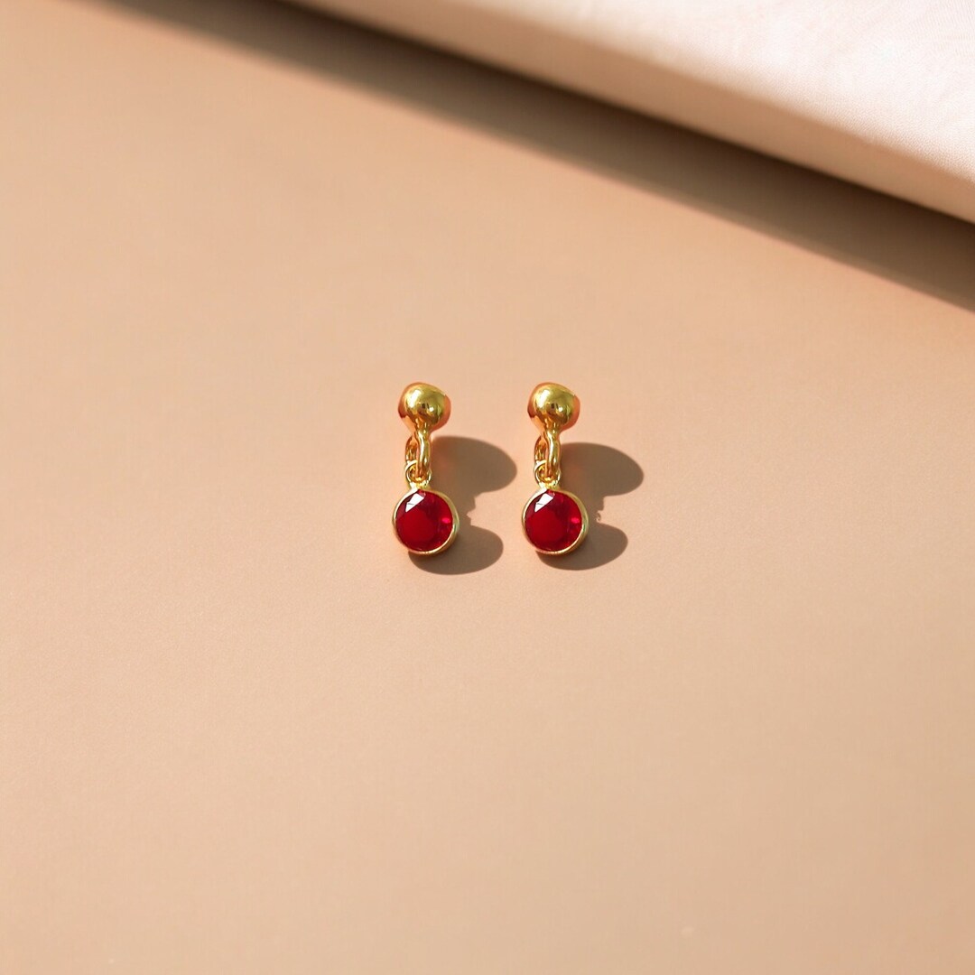 Minimalist ruby red earrings, gold filled, dangling red Earrings, Gold ...