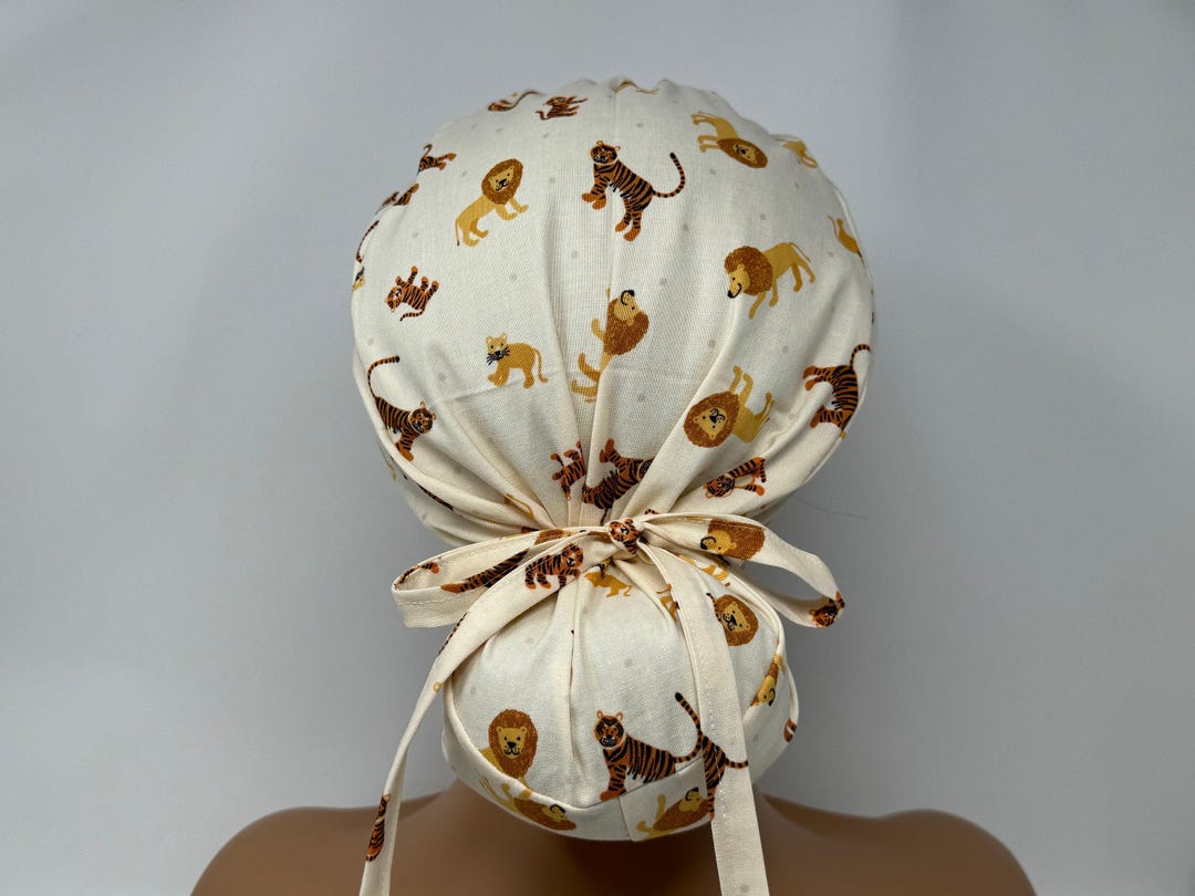 No Tariff (US/CA) - Ponytail Scrub Cap -tiger and Lion - Scrub Cap/hat ...