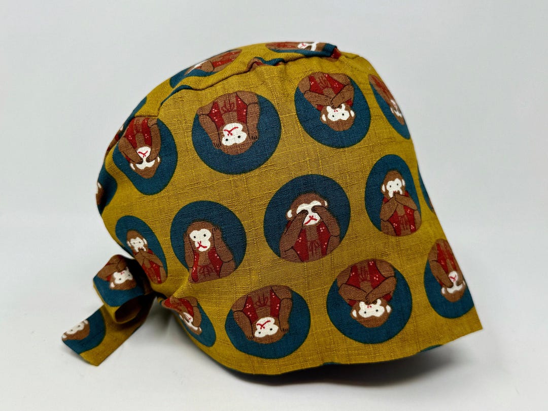 Tariff Free - Scrub Cap - Wise Monkeys - on Mustard - *cotton Dobby ...