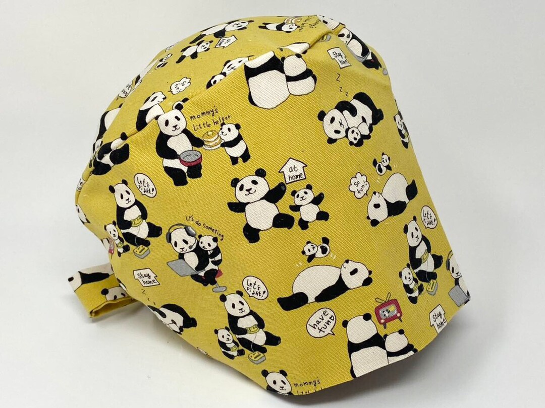 Japanese Scrub Cap Surgical Hat Pandas Stay Home Mustard Cotton Oxford ...