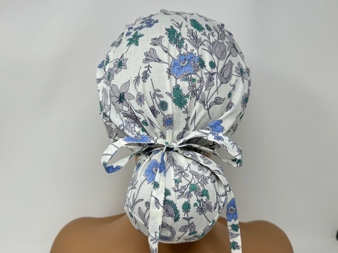 Ponytail Scrub Cap-japanese Floral Bronte on White cotton Lawn Women ...